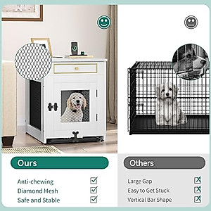 YITAHOME Dog Crate Furniture with Dual USB Charger, Wooden Dog Kennel End Table with Cushion Tray, Drawer for Small Dogs Under 25 lbs Indoor Use, White