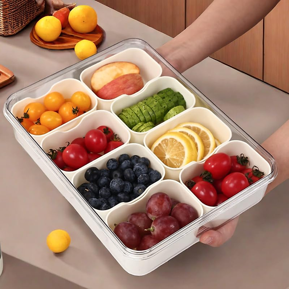 SNEKZ 𝟮 𝗣𝗮𝗰𝗸 Divided Serving Tray with Lid and Handle, 8 Compartments Portable Snackle Box Container for Fruit, Veggies,Clear Snack Containers for Kids and Adult, Perfect for Travel, Picnic