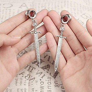 LADEMAYH 2Pcs 00 Gauges for Women, Cool Gold 00g Plugs Gauges for Ears, Cross & Sword 00g Tunnels Earrings Surgical Steel Gauges Size 00 Gauge Earrings