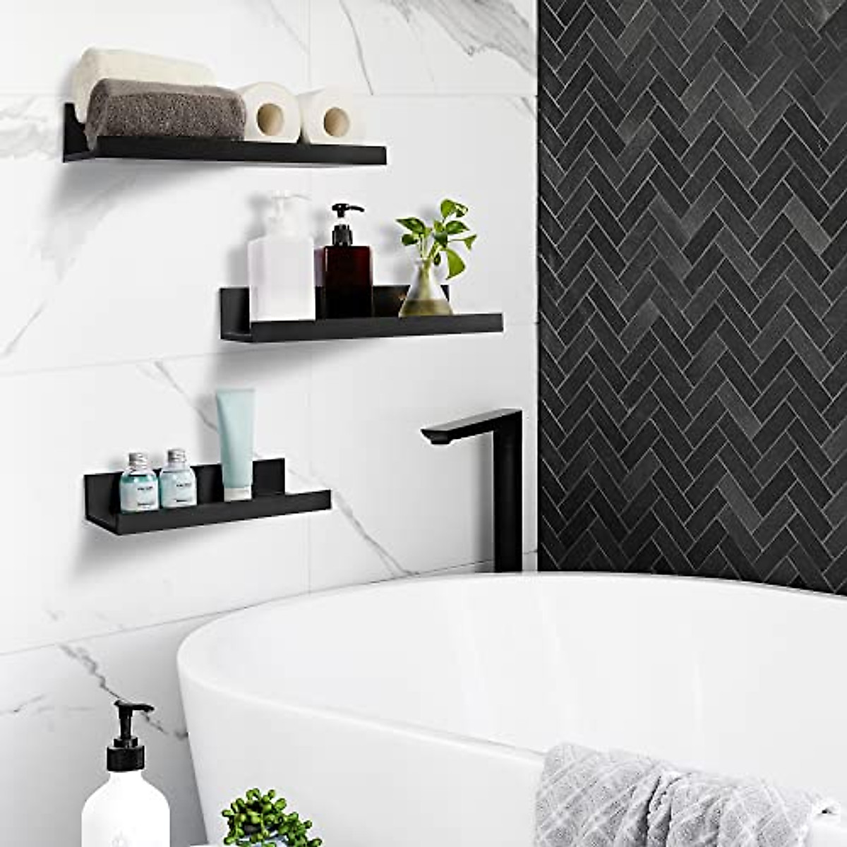 Floating Shelves for Wall Décor Storage, Wall Shelves Set of 5, Wall Mounted Wood Shelves for Bedroom, Living Room, Bathroom, Kitchen, Small Picture Ledge Farmhouse Shelves, Black