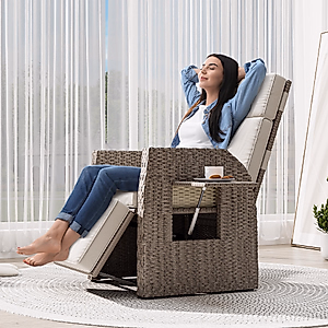 YITAHOME Outdoor Recliner Chair, Patio Wicker Lounge Chair with Adjustable Angle, Flip Table, Reclining Lounge Chair for Outside with Thick Cushions for Deck Backyard Pool Side, Beige