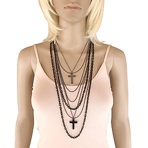 DragonWeave Jewelry Deluxe Gothic 80s Madonna Retro Multilayer Gunmetal Crosses Long Multi Strand Black Chain Necklace