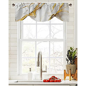 Yun Nist Tie Up Curtain Valance for Kitchen,Abstract White Marble Gold Stripe Window Valances Adjustable Tie-up Shade Valance,Modern Geometry Art Rod Pocket Short Curtains for Bathroom 42x12in