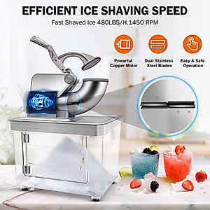 Commercial Ice Crusher 480lbs/hr, 350W Electric Ice Shaver Snow Cone Machine with Dual Blades, 40L Large Storage Bin, Stainless Steel Shaved Ice Machine for Home, Restaurants, Bars, Shops, Party