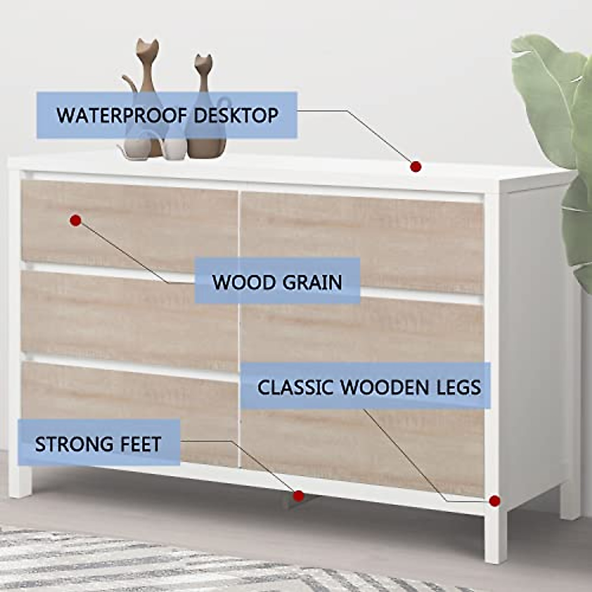 LTMEUTY Dresser for Bedroom - Modern Bedroom Dresser with 6 Drawers, Wooden Horizontal Dresser, Chest of Dresser