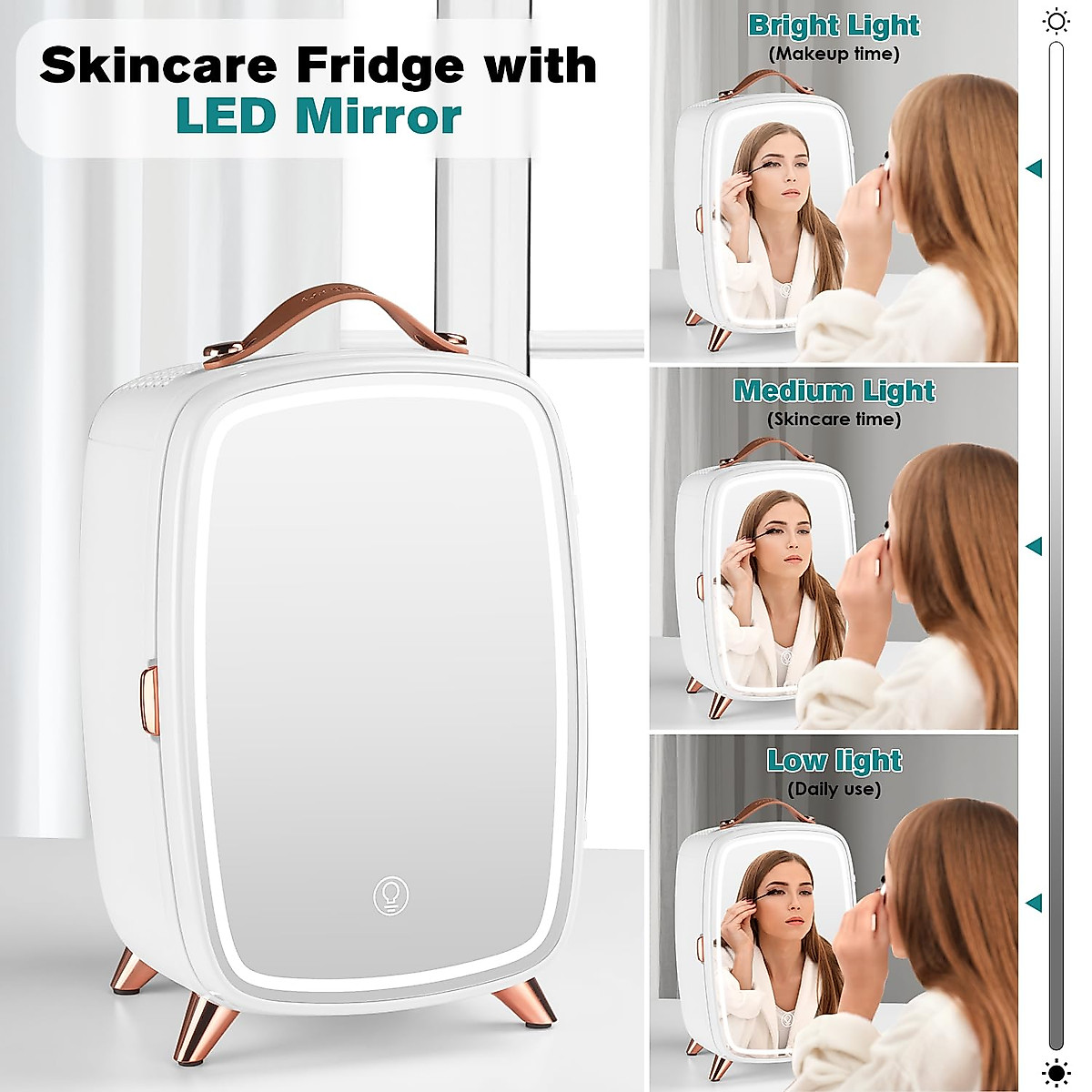 JSTPRO Skincare Fridge, 6L White Skincare Fridge with Dimmable LED Light Mirror, Makeup Fridge for Bedroom, Car, Office & Dorm, Portable Mini Skincare Fridge for Cosmetics, Skin Care and Food