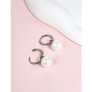 Limerencia Hypoallergenic Pure Titanium Post Lightweight Dangle Huggie Earrings for Women | Vertical Bar, Cross, Moon, Lightning | Dainty Earrings (10mm Pearl)