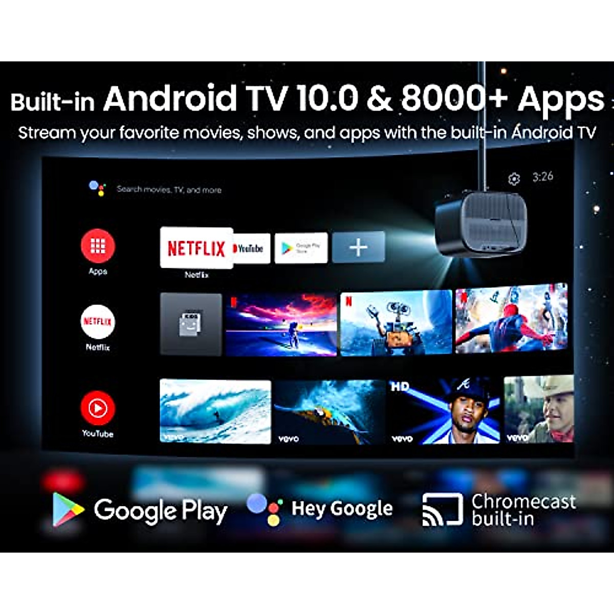 ETOE 1080P Smart Projector, Video Projector with Android TV 10.0, Auto Focus, Auto Keystone, Dual 10W Speakers, Netflix-Certified, Chromecast, WiFi Bluetooth, 4K Supported Projector with Carrying Case