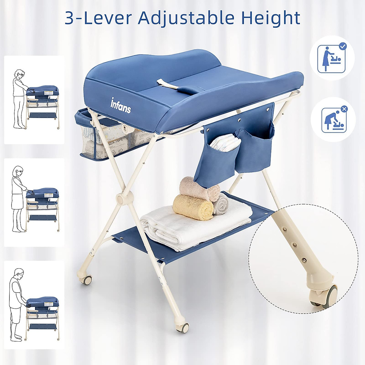 INFANS Portable Baby Changing Table, Folding Diaper Dresser Station with Wheels, Adjustable Height, Safety Belt, Drying and Storage Rack, Mobile Nursery Organizer Stand for Newborn Infant (Gray)