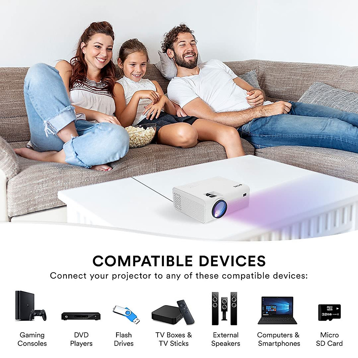 Core Innovations 150" LCD Home Theater Mini Projector, Adjustable Size, Built in Speakers, Compatible with TV Stick, Smartphone, Gaming Consoles, DVD Player, USB, (White)