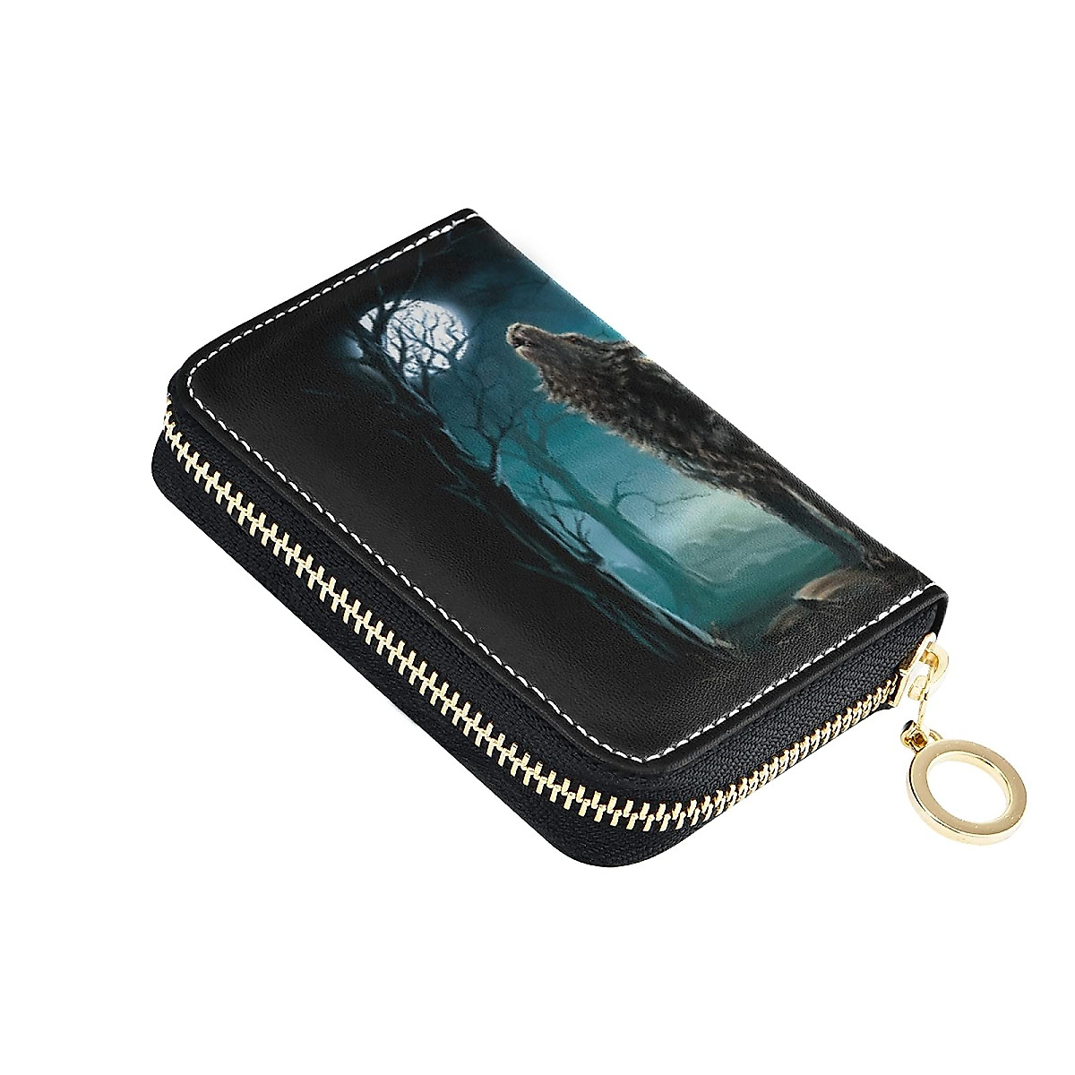 Howling Wolf At Full Moon Night Credit Card Coin wallet, RFID Blocking Compact Women Leather Card Holder, Key Change Organizer, Zipper Purse Clutch Pouch Pocket