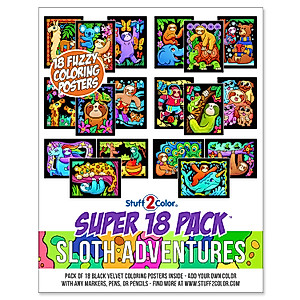 Stuff2Color Super Pack of 18 Fuzzy Velvet Coloring Posters (Sloth Adventures) - Arts & Crafts for Girls and Boys - Great for After School, Travel, Planes, Group Activities, and Coloring with Friends