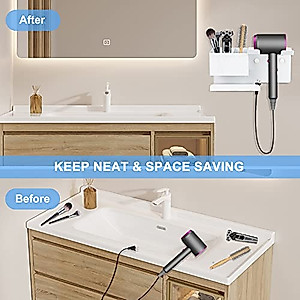 Hair Dryer Holder Wall Mounted, SHAIDOJIO Blow Dryer Holder for Bathroom, Aluminum Alloy Hair Dryer Rack, Muti-Function Hair Tool Organizer with Plug Hook (White)