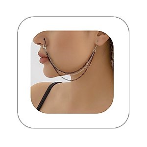 Kenjudess Gothic Black Chain Tassel Nose Ring Nose to Ear Hook Pierced Septum Hoop Ring Punk Hip Hop Party Nose Accessories for Women and Girls