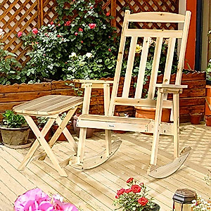 Outsunny 2 Piece Wooden Rocking Chair & Folding Outdoor Table Set, Front Porch Rocker with Armrests and High Back for Outside, Natural