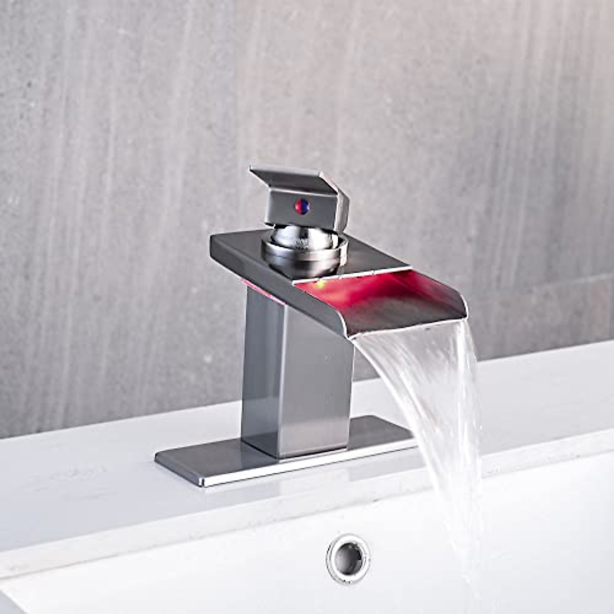 AVSIILE LED Bathroom Sink Faucet, Brushed Nickel Waterfall Single Hole Handle RV Bath Vanity Faucets for Sinks 1 Hole with Metal Pop Up Drain and 2 Water Supply Lines, Stainless Steel Spout