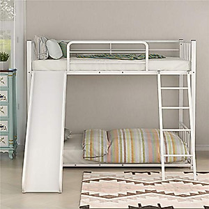 Metal Loft Bunk Bed with Slide and Ladder, Multifunctional Design, with Safety Guard Rails for Kids Teens Adults/Easy to Assemble/No Box Spring Required (White)