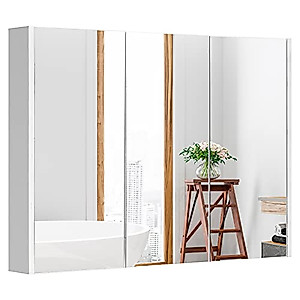 LOKO Large Bathroom Medicine Cabinet with Mirror, Wall Mounted Bathroom Cabinet with 3 Mirrored Doors & Adjustable Shelves, Triple Mirror Door Bathroom Wall Cabinet, 36 x 4.5 x 25.5 Inches