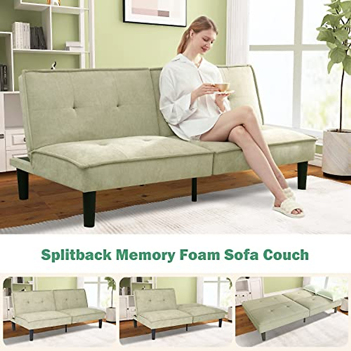 Opoiar Couch for Compact Living Space, Memory Foam, Armless Sleepe Futon Sofa Bed Sofabed, 71×31×33IN, Pear Green