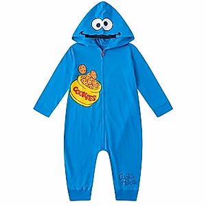 Sesame Street Boys’ Elmo or Cookie Monster Zip Up Long Sleeve Hooded Romper for Newborn, Infant and Toddler Kids