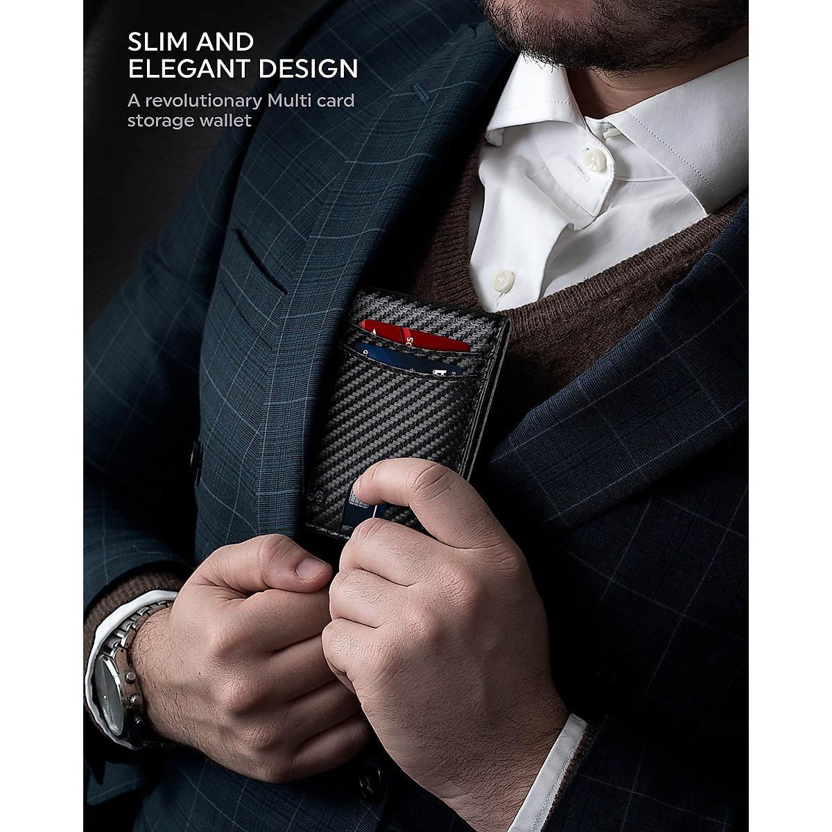 SERMAN BRANDS Mens Money Clip Wallet. RFID Blocking Slim Front Pocket Wallets for Men, Full Grain Leather RFID Minimalist Card Holder (Modern Black Navigator)