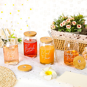 Inbagi 8 Pcs Bridesmaid Gifts Iced Coffee Cup with Bamboo Lids and Glass Straw 16 oz Mason Jar Cups Bride Can Shaped Drinking Glasses Cute Tumbler Cup Bridal Shower, Bachelorette Party Supplies
