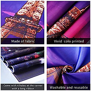 Paris Eiffel Tower Backdrop Banner Background Photo Booth Prop, Paris Night View Props Wall Photography Background Banner 6 x 3.6 Feet with 4 Copper Holes and 19.7 ft Black String