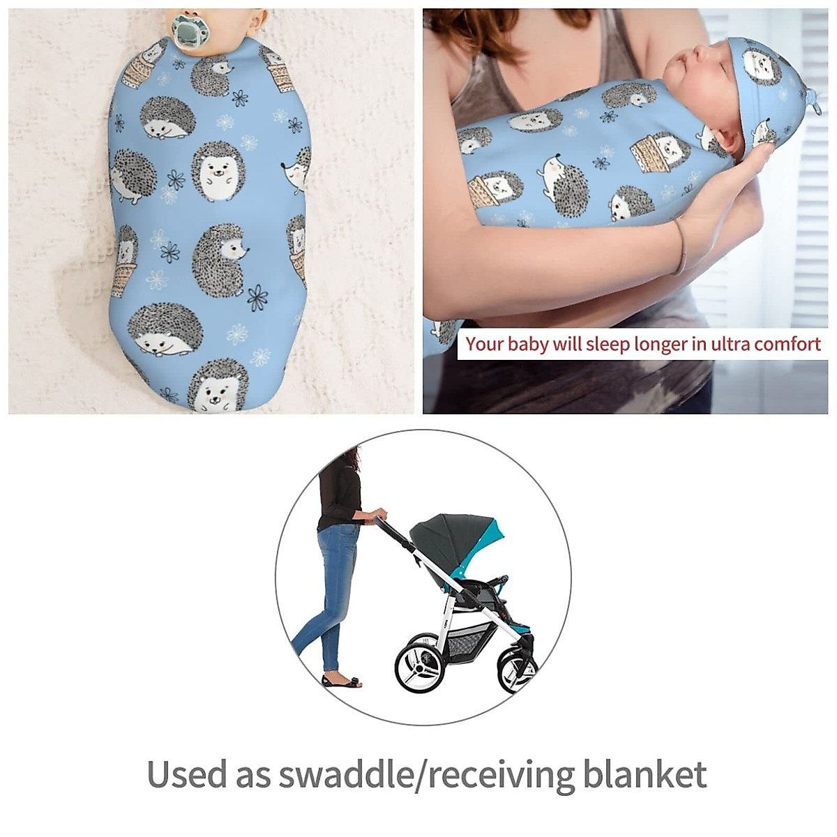 Muishi Cute Hedgehogs Blue Newborn Swaddle Blankets Hat Sets Soft Baby Receiving Blanket Swaddle Sack for Baby Shower Infant Boy Girl Gift