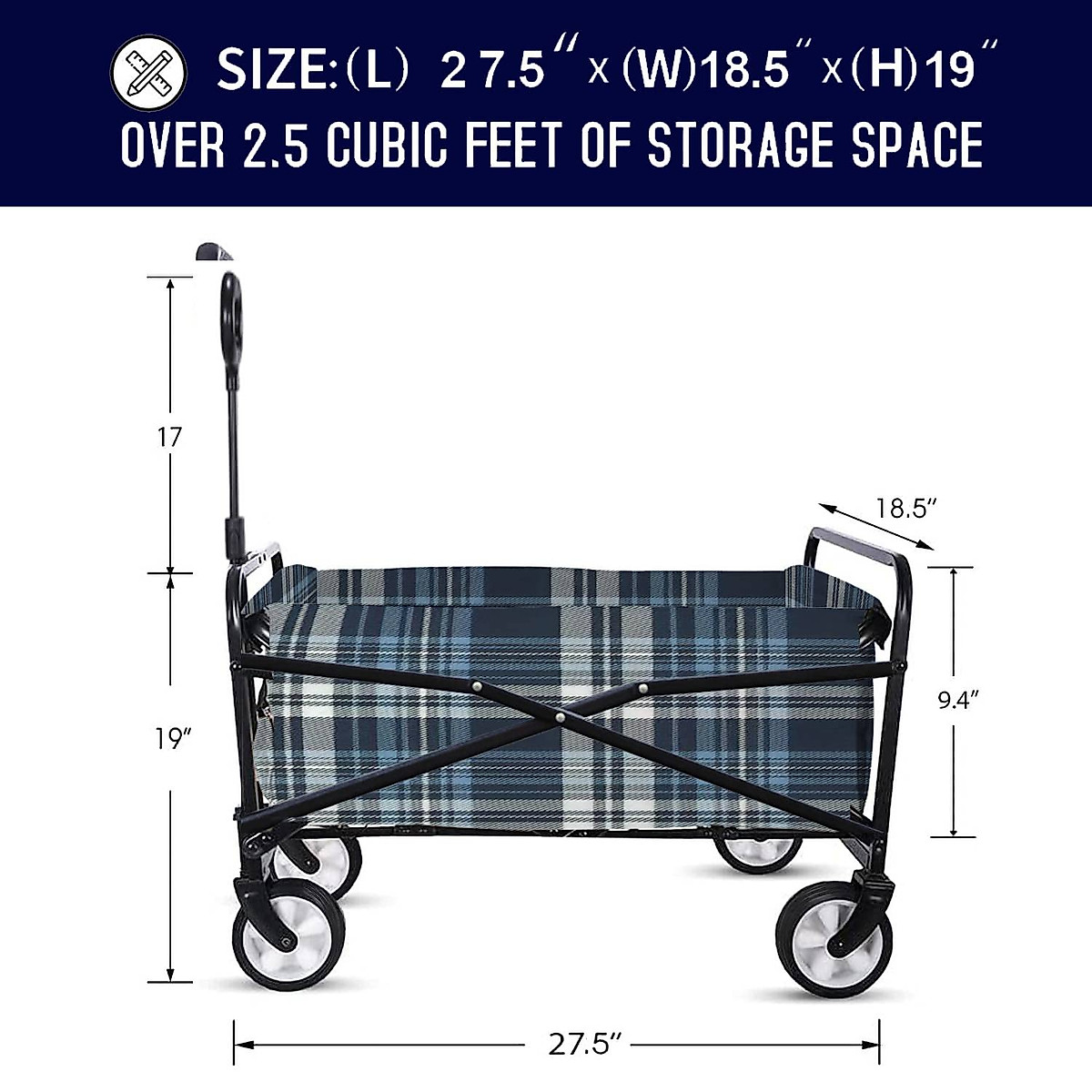 Collapsible Wagon Cart Plaid Texture in Blue and White Striped Seamless Check Plaid Graphic Foldable Utility Wagon Large Capacity Garden Cart with Push Bar for Beach Camp Outdoor Shopping
