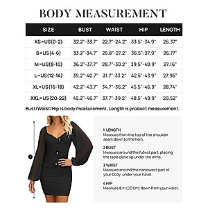 ZESICA Women's Sexy V Neck Ruched Bodycon Mini Dress Puff Long Sleeve Cocktail Wedding Party Short Dresses,Black,Large