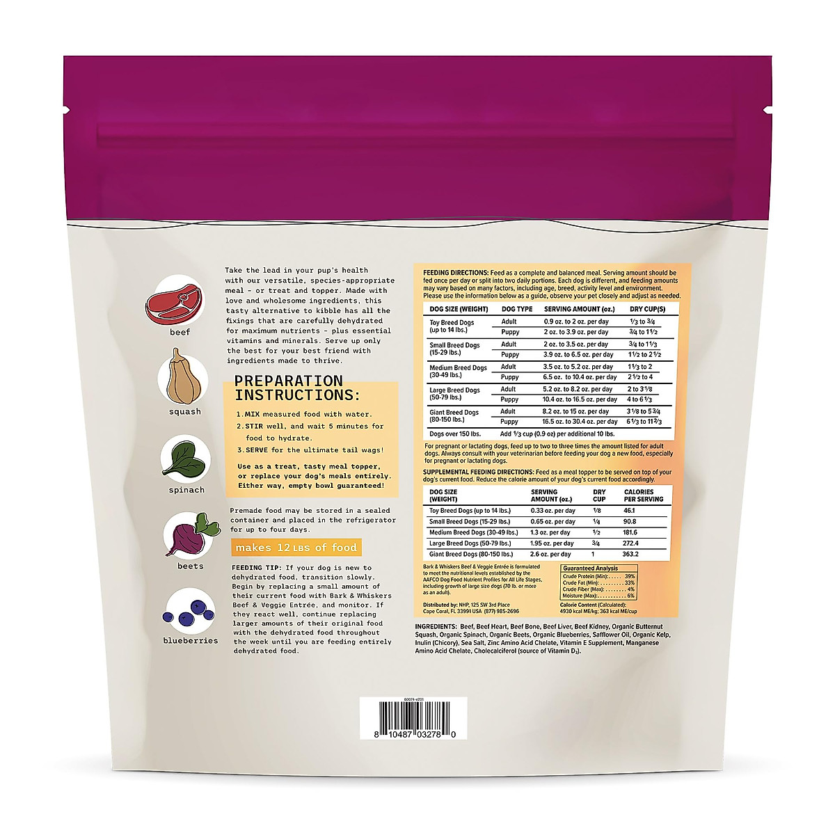 Dr. Mercola Bark & Whiskers Dehydrated Beef and Veggie Entrée, 3 lb., Makes 12 lbs. of Food for Dogs, Digestive Support, Vet Formulated, Non-GMO