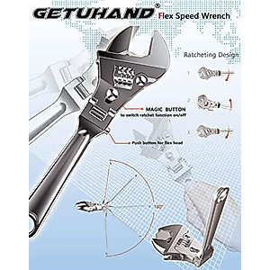 GETUHAND Flexhead Adjustable Wrench 8", Flex Ratcheting Wrench with 180 Degree Rotating Head