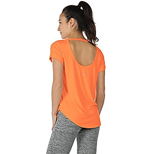 icyzone Open Back Yoga Shirts for Women - Exercise Workout Tops, Athletic Short Sleeves, Running T-Shirts Loose Fit (Orange, L)