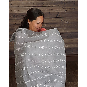 Momo Bebe Muslin Baby Swaddle Blankets - 4 Pack Large 47x47 inch Cotton Swaddles - White Grey Chevron Polka Dot Arrow - Soft Breathable Comfortable Durable - Nursery Shower Gift Set Unisex Neutral