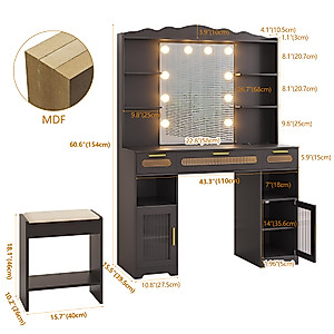 Vlsrka Black Vanity Desk with Mirror and Lights, Makeup Vanity Set with Charging Station, Power Strip, Vanity Table with Hollywood Mirror and Chair, 3 Colors Lighting Modes