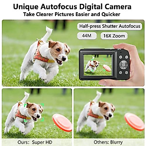Digital Camera with SD Memory Card Autofocus Anti-Shake, 44MP 1080P Photography Camera for Kids Teens Birthday, 16X Zoom Small Portable Vlogging Camera for Boy Girl Video(2 Batteries)