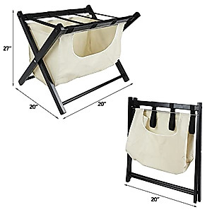 ECOMEX Luggage Rack, Luggage Rack with Removable Fabric Basket, Wooden Folding Luggage Rack with Laundry Bag, Nylon Straps, Space Saving Suitcase Holder for Bedroom,Guest Room,Hotel, Black