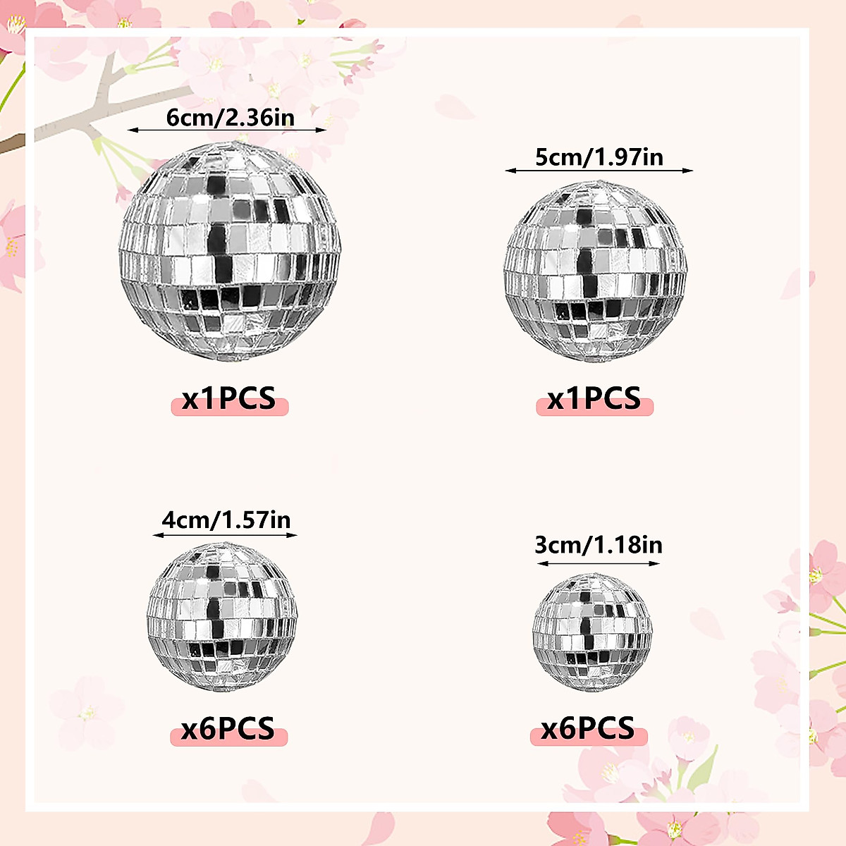 14 PCS 1.18inch 1.57inch 1.97inch 2.36inch Disco Ball Cake Decoration Ornaments Reflective Mirror Ball Cake Decoration 70s Disco Themed Party Christmas Tree Decoration