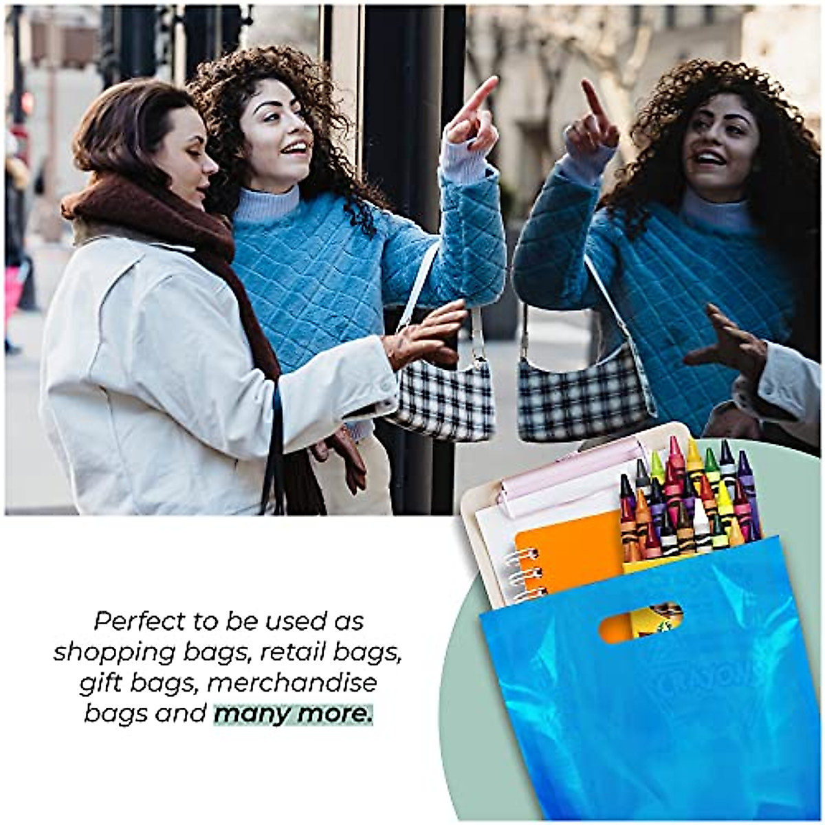 Blue Merchandise Plastic Shopping Bags - 100 Pack 9" x 12" with 1.25 mil Thick - Die Cut Handles - Perfect for Shopping, Party Favors, Birthdays, Children Parties - Color Blue - 100% Recyclable
