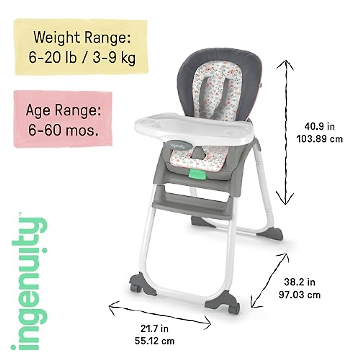 Ingenuity Full Course 6-in-1 High Chair - Baby to 5 Years Old, 6 Convertible Modes, 2 Dishwasher Safe Trays - Milly