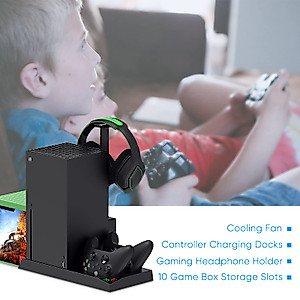 Vertical Cooling Stand Compatible with Xbox Series X with Cooling Fan, Cooling Station Dock with 10 Game Storage Organizer, Controller & Headphone Holder, 2X1400 mAh Rechargeable Battery Packs
