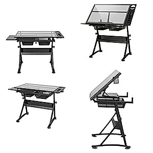 EESHHA Drawing Table Drafting Desk, Drafting Table with Storage, Height Adjustable Tiltable Art Desk, Glass Panel Drawing Desk, for Work Study Painting Craft Table
