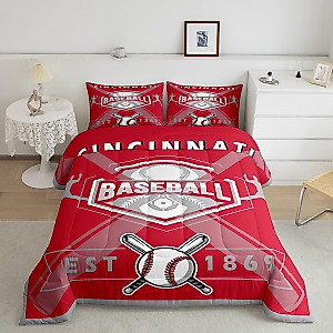 Erosebridal Baseball Bedding for Full Bed,Baseball Comforter for Kids Boys,3D Patchwork Bedding Comforter Sets,Sports Game Duvet Insert with 2 Pillowcases Bedroom Decor,Cincinnati