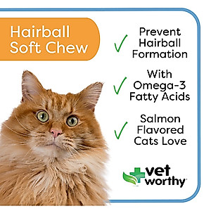 Vet Worthy Hairball Soft Chew for Cats Hairball Remedy for Cats for Digestive Aid and Hairball - Cat Supplement with Omega 3, Psyllium Husk, Brewers Yeast, Wild Alaskan Salmon Oil-45 Soft Chews