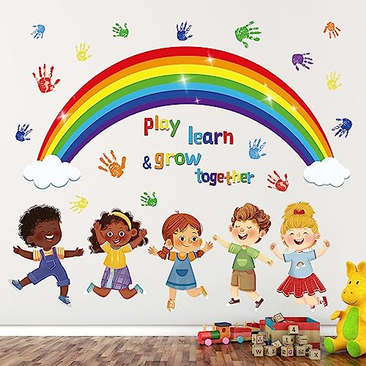 wondever Reading Corner Rainbow Wall Decals Kids Inspirational Quotes Handprint Peel and Stick Wall Art Stickers for School Classroom Kids Room