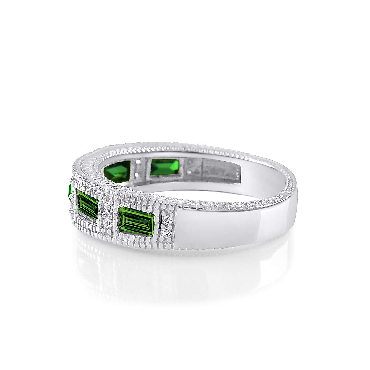 AFFY Emerald Shape Simulated Green Emerald Eternity Band Ring in 14K White Gold Over Sterling Silver, Ring Size: 9.5