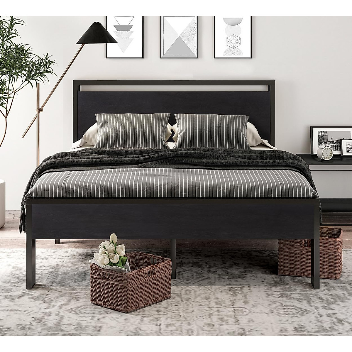 SHA CERLIN 14 Inch Full Size Metal Platform Bed Frame with Wooden Headboard and Footboard, Mattress Foundation, No Box Spring Needed, Large Under Bed Storage, Non-Slip Without Noise, Black Oak