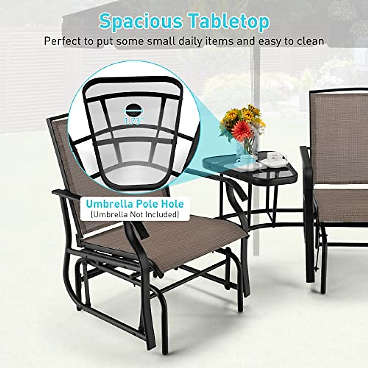 Giantex Outdoor Glider Chairs with Table & Umbrella Hole, Patio 2-Seat Rocking Chair Outside Loveseat Swing w/ Breathable Fabric for Garden, Backyard, Poolside, Lawn Metal Glider Bench(Brown)