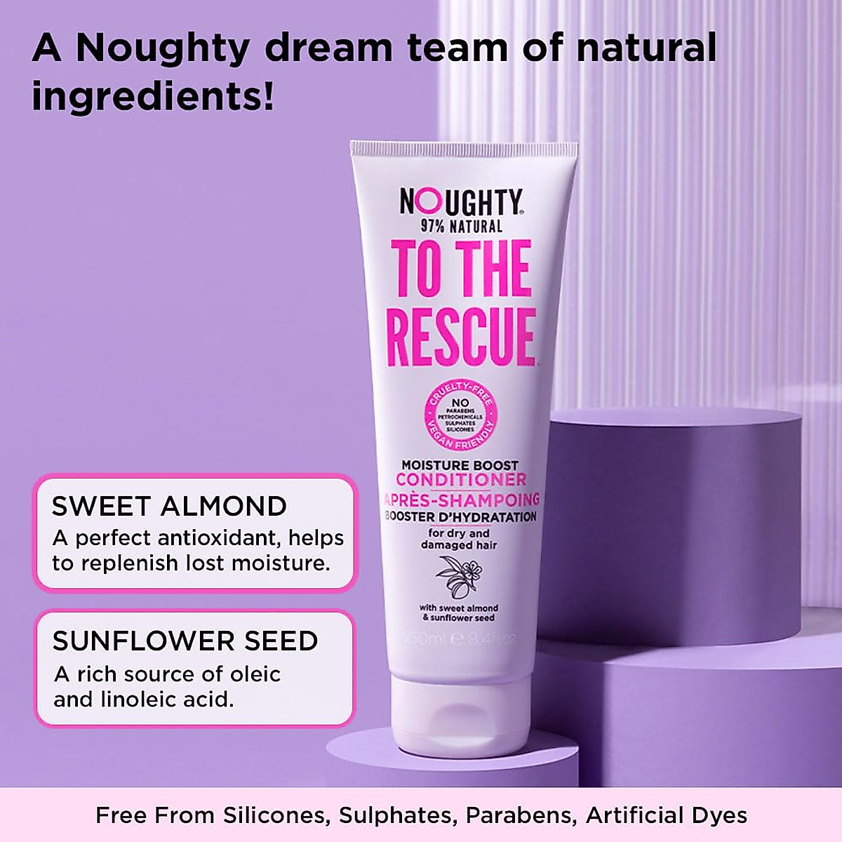 Noughty 97% Natural To The Rescue Moisture Boost Conditioner, to Gently Cleanse and Replenish Lost Moisture with Sweet Almond and Sunflower Seed, Sulphate Free Vegan Haircare 250ml