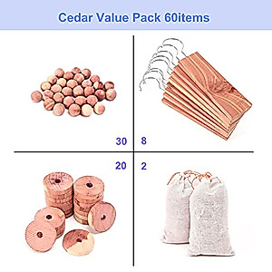 Brite Lightingtech Cedar Blocks for Clothes Storage 60PCs, Red Cedar Hang Ups, Cedar Balls, Cedar Rings and Cedar Sachet Bags for Closets and Drawers